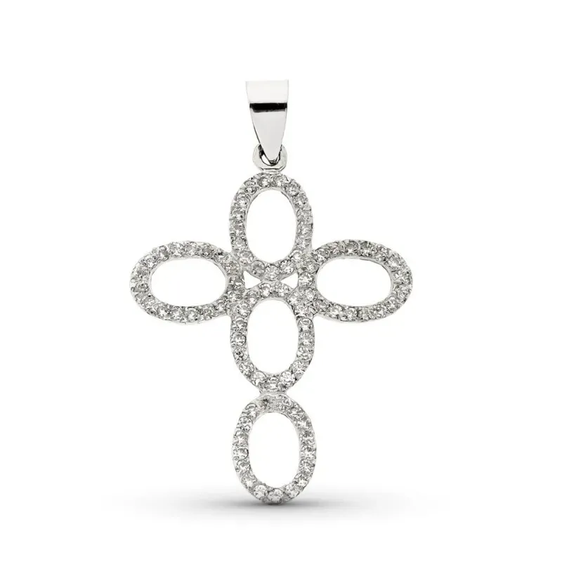 Cruz oro blanco 18k mujer 35 mm. formas ovaladas caladas circonitas